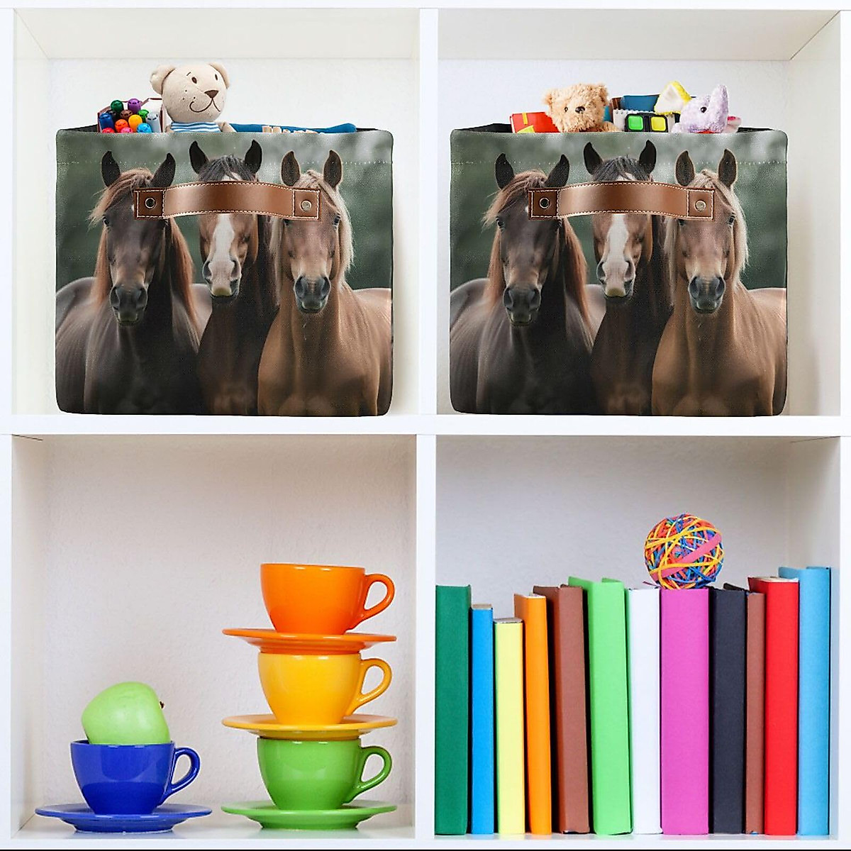 STAYTOP Large Storage Basket Collapsible Toy Storage Bins Waterproof Laundry Basket with Handle.Used for Home Closets, Offices, Bedrooms, Kids Toy and Gift Baskets-Cute Horses（Rectangular）1PCS