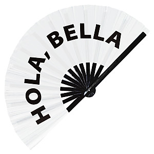 Hola, Bella Hand Fan Foldable Bamboo Circuit Rave Hand Fans Spanish Words Fan Outfit Party Gear Gifts Music Festival Rave Accessories (White)