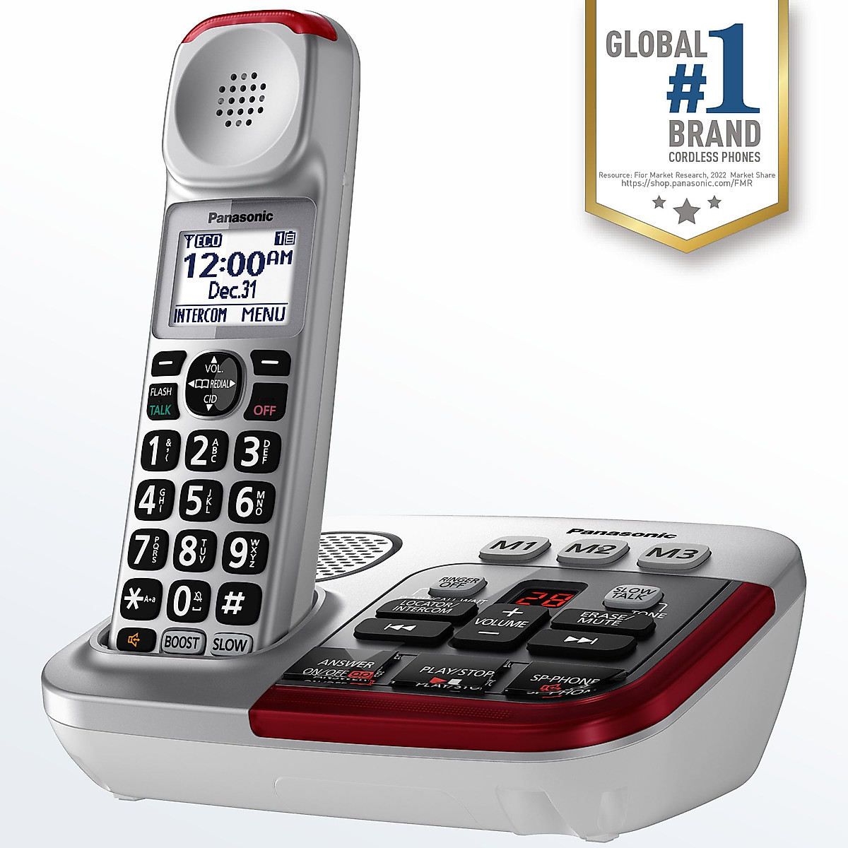 Panasonic Amplified Cordless Phone with Slow Talk, 50dB Volume Boost, 112dB Lound Visual Ringer, Hearing Aid Compatibility, Large Screen and Backlit Keypad - KX-TGM450S - 1 Handset (Silver)