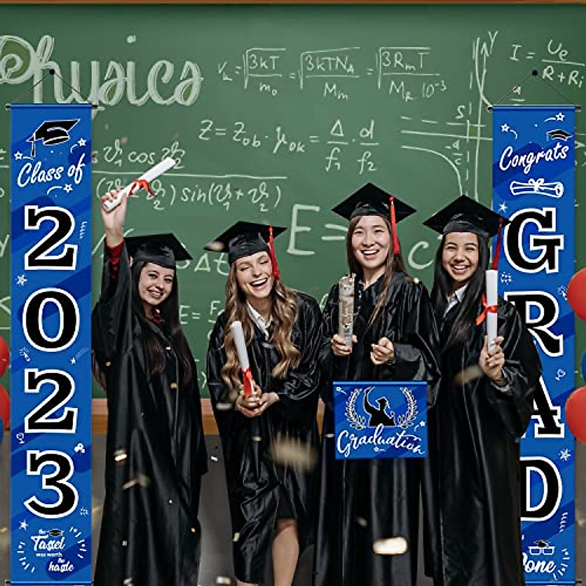 2023 Graduation Decorations, 3 Pcs Class of 2023 Congrats Grad Banner, Blue and Black Graduation Party Decorations Hanging Banner Door Porch Sign Photo Props for College, High School and Other Grades