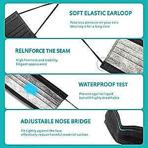 SuperHC 50 Pcs Graphene Protective Masks, Black Disposable Face Mask, Breathable 3-Layer Non-Woven Facemask, Lightweight Dust Protection Facial Masks for Adult Men Women Office Outdoor