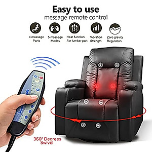 COMHOMA Leather Recliner Chair Modern Rocker with Heated Massage Ergonomic Lounge 360 Degree Swivel Single Sofa Seat with Drink Holders Living Room Chair (Black)