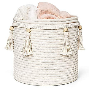 Mkono Macrame Decorative Cotton Rope Basket Boho Cute Woven Tassel Closet Storage Bins Organizer for Nursery,Baby Toys,Magazines, Potted Plants Cover,Living Room,Bedroom,Home Decor 11"x11",Small