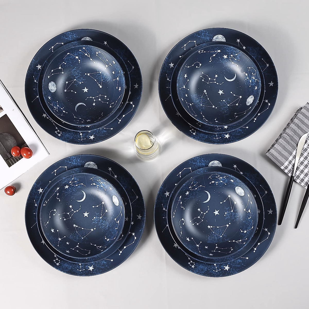 Gofunfun 12 Piece Melamine Dinnerware Sets for 4 - Starry Pattern Camping Dishes Set for Indoor and Outdoor Use, Dishwasher Safe Plates and Bowls Sets, Dark Blue