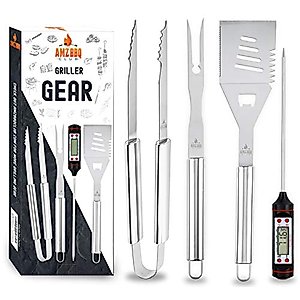 Grill Accessories, 4 piece BBQ Tool Grill Set - Grill Tools Includes Stainless Steel Metal Spatula, Fork, Tongs and Instant Read Meat BBQ Thermometer, Great For Gifts - By BBQ Pro Club