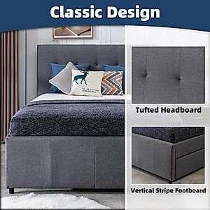 civama Full Size Bed with Trundle, Upholstered Full Over Twin Bed with Headboard & Wooden Slat Support, Pull Out Twin Platform Bed Underneath, No Box Spring Needed, Grey