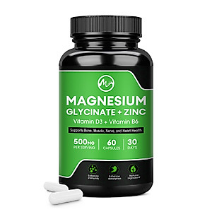 Magnesium Glycinate Capsules, Magnesium Glycinate Supplement with Magnesium Glycinate 500 mg, Zinc, Vitamin D3 & B6 - Promotes Nerve, Bowel, Relaxation Function - 60 Vegan Capsules
