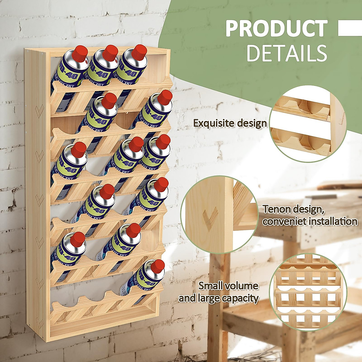 jxgzyy 6 Tier 24 Can Spray Paint or Lube Can Wall Mount Storage Holder Rack Lube Holder Organization Storage Rack Wood Shelf Case Organizer, 14.2" L x 5" W x 30" H