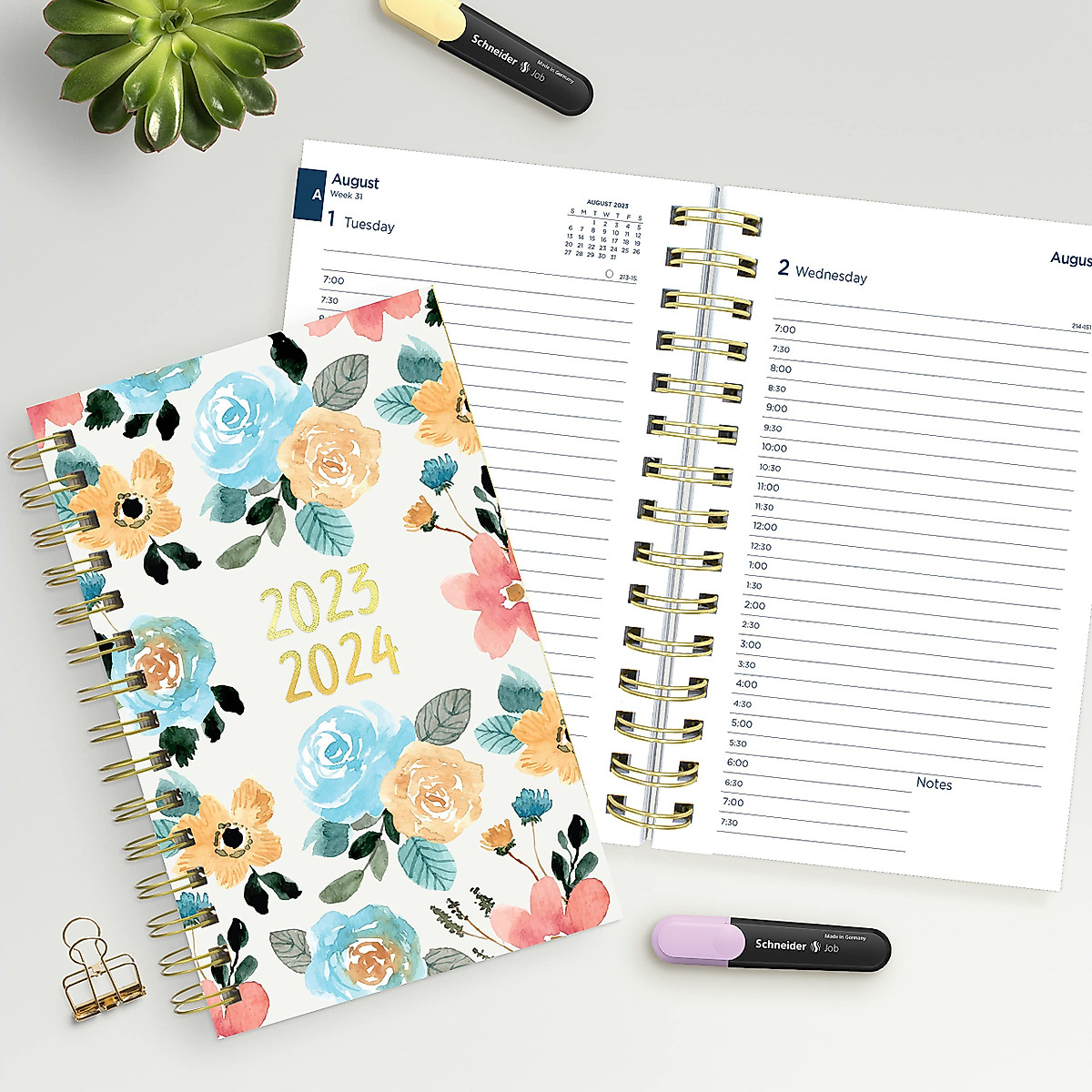 Blueline Essential Academic Daily/Monthly Planner, August 2023 to July 2024, Gold Twin-Wire Binding, Poly Cover, 8" x 5", Blossom Design, Yellow (CA214PG.02-24)