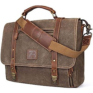 Manificent Laptop Messenger bag for Mens 15.6 Inch, Waterproof Vintage Genuine Leather Mens Briefcase shoulder bag 16 Storage Pockets, Waxed Canvas Leather Computer Business Satchel Work Bag (Brown)
