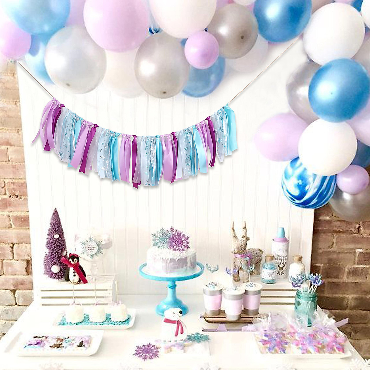 VAVAYAO Winter Onederland Ribbon Garland - Winter Onederland 1st Birthday Girl Decorations, High Chair Banners, Snow and Ice Princess Party Decorations, Winter Auderland Background Ribbon Banners