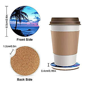 Ceramic Cup Holders Car Coasters for Women/Men,Absorbent Drink Cup Car Holder Coasters with A Finger Notch 2.56" Pack of 2,Tropical Ocean Beach Scene with Palm Trees