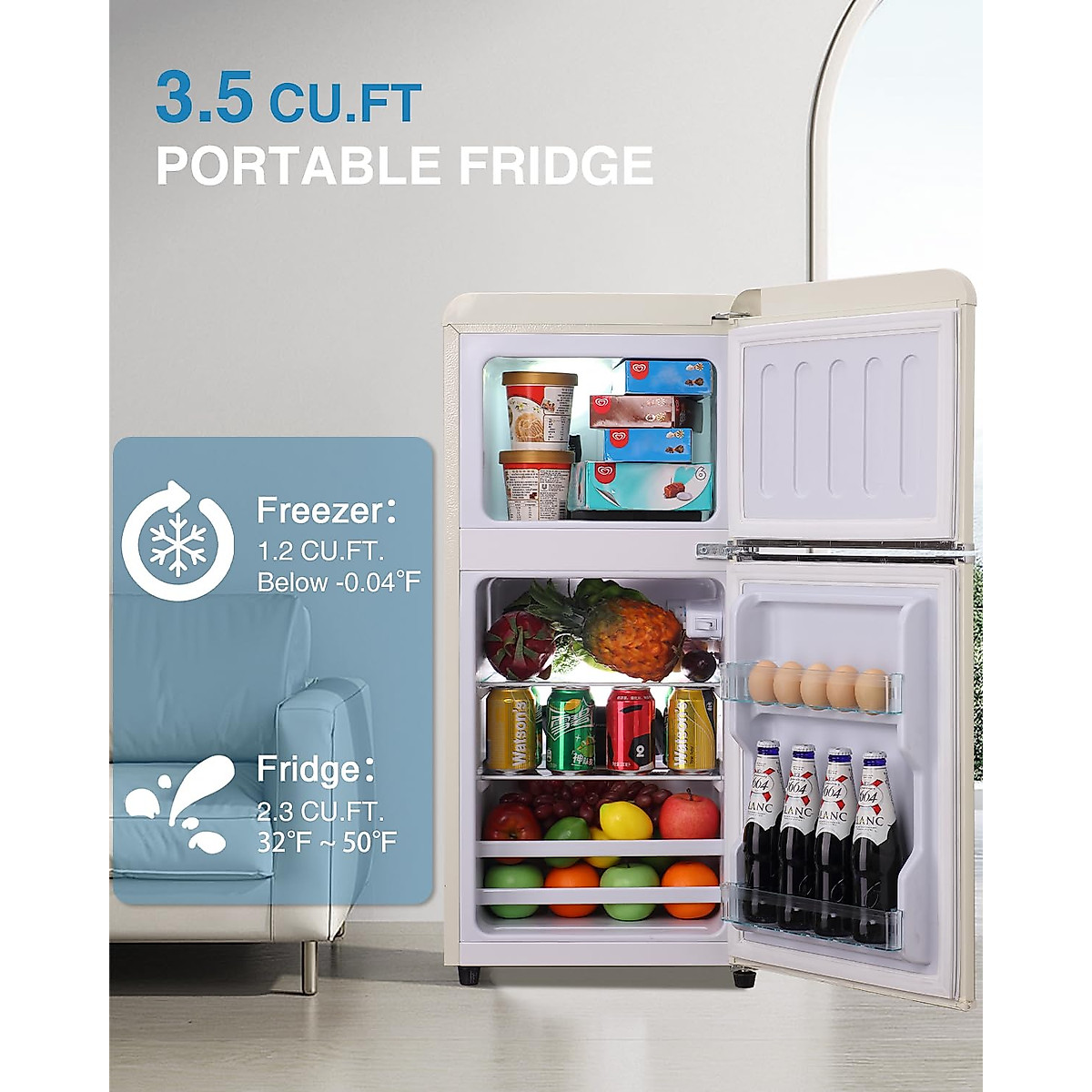 Kazigak 3.5 Cu Ft Mini Refrigerator, Compact Refrigerator with Freezer, Double Door, 7 Level Adjustable Thermostat, Cream for Home, Office, Dorm