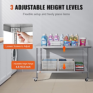 VEVOR Stainless Steel Work Table 30 x 60 x 38 Inch, with 4 Wheels, 3 Adjustable Height Levels, Heavy Duty Food Prep Worktable for Commercial Kitchen Restaurant, Silver