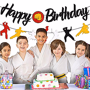 Karate Birthday Banner Taekwondo Themed Happy Birthday Decorations for Men Women Kids Boy Girl Bday Party Decorations Black Glitter Supplies