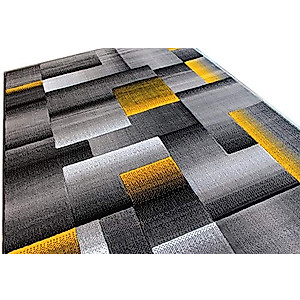 Champion Rugs Modern Contemporary Geometric Cube and Square Yellow Grey Black Design Area Rug (8 Feet X 10 Feet)