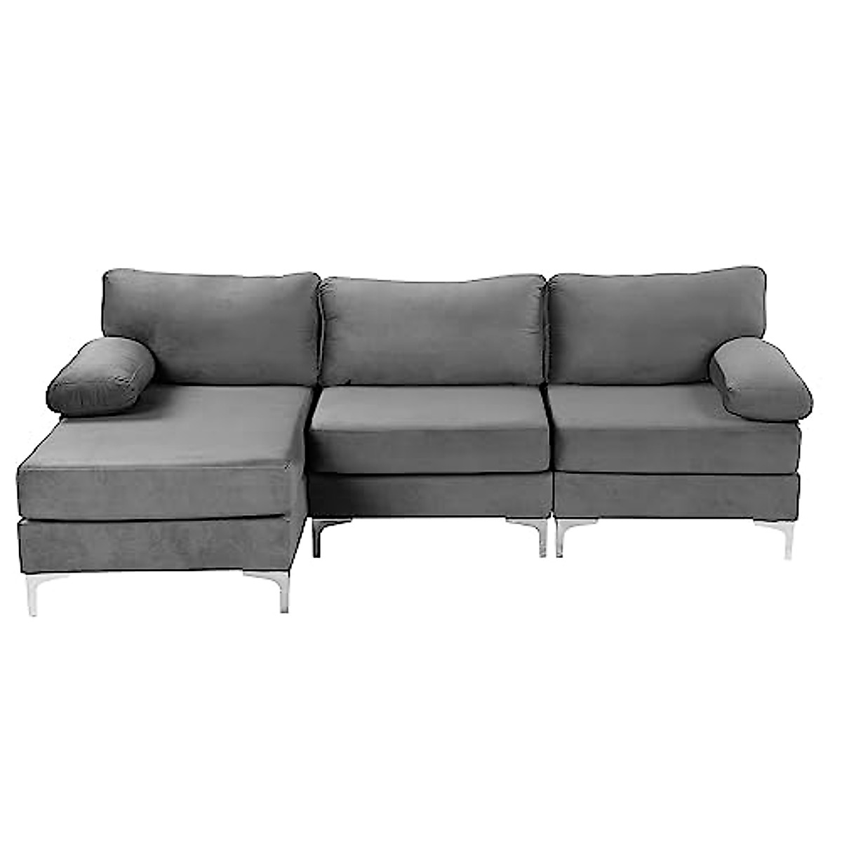 Casa Andrea Milano Modern Large Velvet Fabric Sectional Sofa, L-Shape Couch with Extra Wide Chaise Lounge, Grey