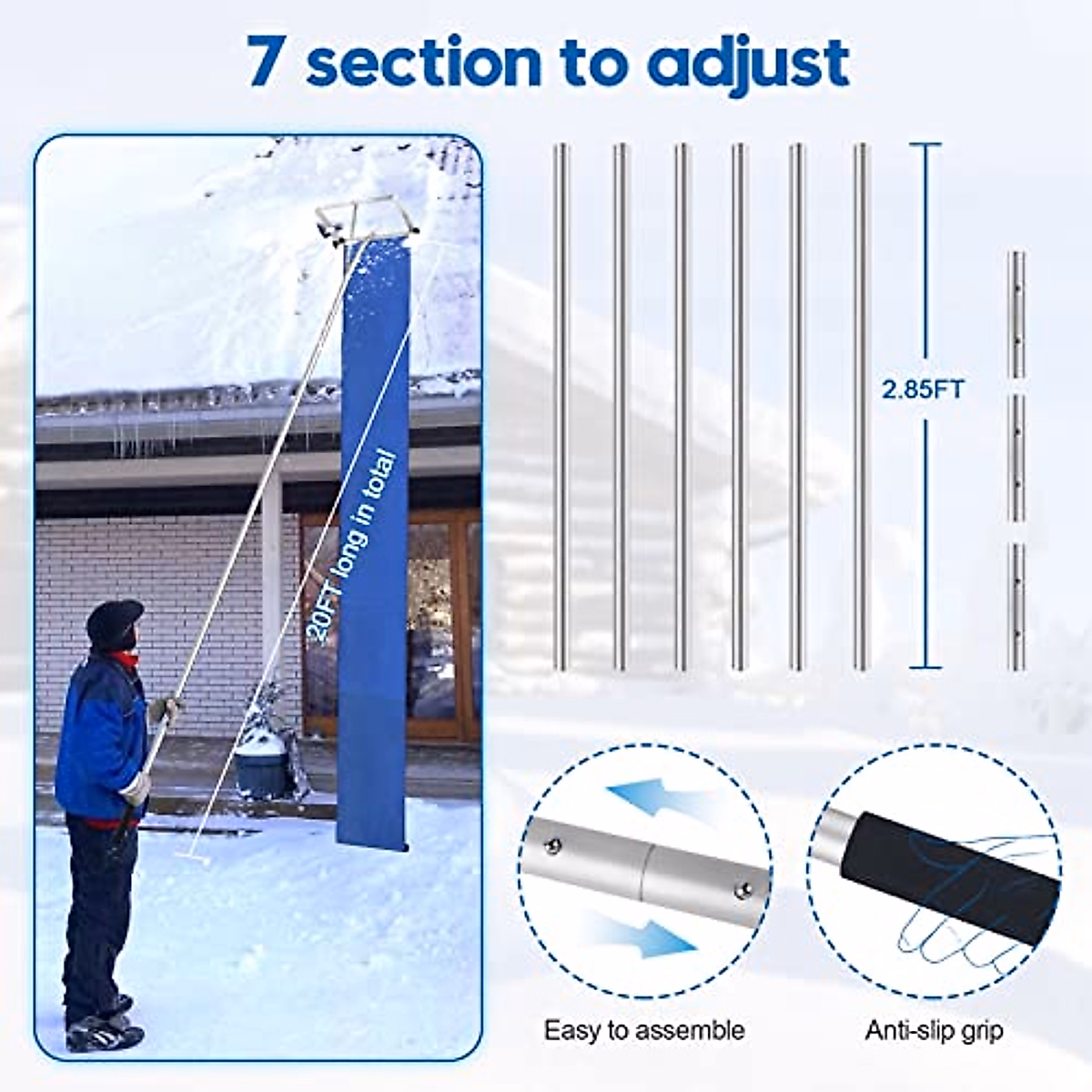 Snow Roof Rake 20FT, Roof Rake Snow Removal with 7 Section Pole, Snow Rake Aluminum Frame Head Nylon Slide Roof Rakes for Snow 3-inch Wheels, Suitable for House & Vehicle, Garage, Durable & Light