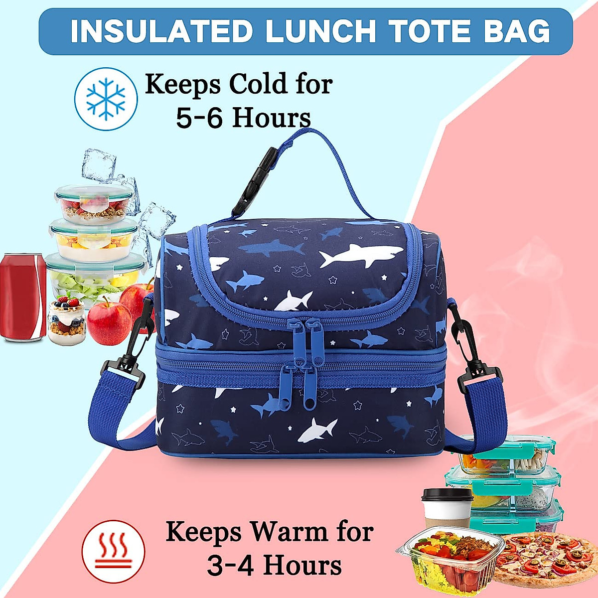 VASCHY Lunch Box Bag Kids, Insulated Two Compartments Cooler Bags for Boys Girls w Shoulder Strap for School,Daycare,Kindergarten,Picnic Shark