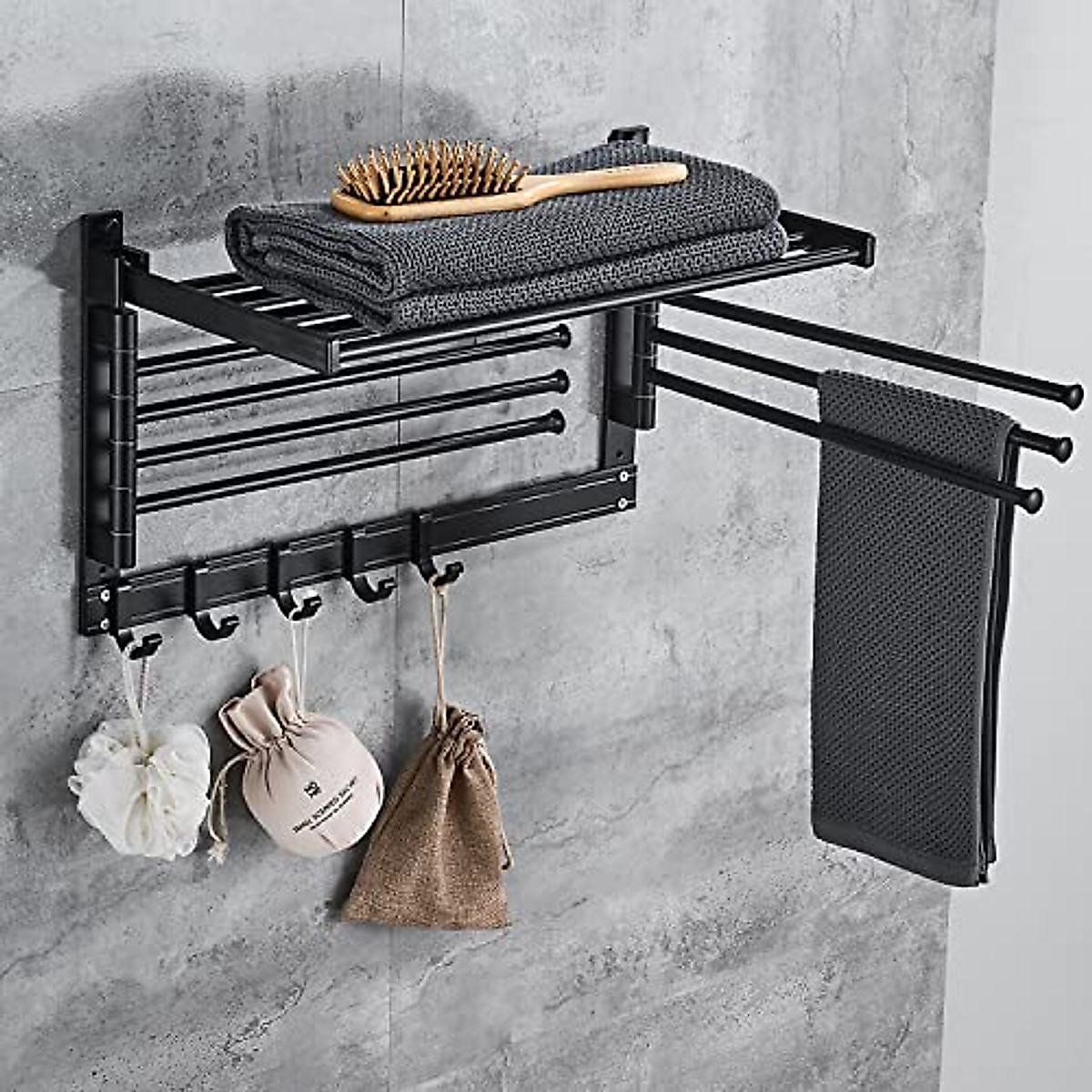 uyoyous Towel Rack for Bathroom 23.6 Inch Clothes Drying Rack with Foldable Towel Shelf and Swing Arms Aluminum Rustproof Wall Mount Laundry Room Organizer Load 45 lbs