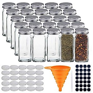 STONEKAE 25 Pcs Glass Spice Jars- Square Glass Containers With Square Empty Jars 4oz, Airtight Cap, Chalkboard & Clear Label, Shaker Insert Tops and Wide Funnel - Complete Organizer Set