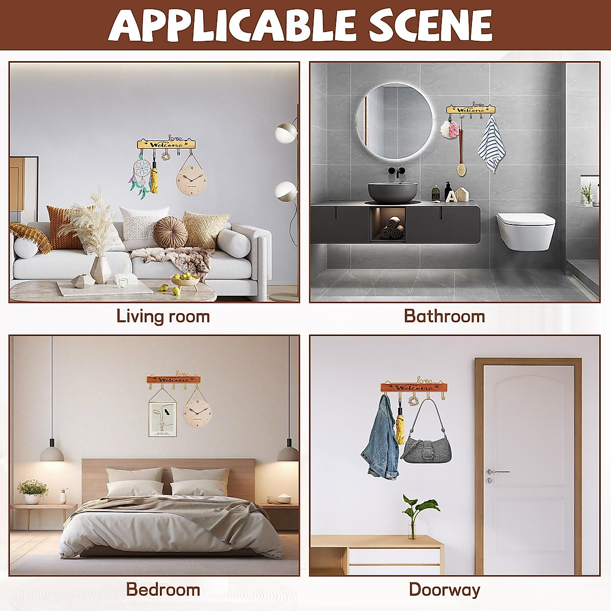 Betinyar 2 Pack Wood Coat Rack Wall Mount, Wall Coat Hangers for Entryway, Key Holder for Wall, Wood Wall Coat Rack with 5 Hooks, Key Rack for Coat Hat Bag Key Storage Organizer(Black+Gold)