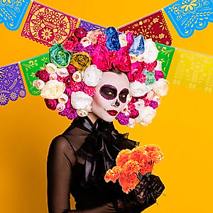 WILLBOND 74 Pieces Faux Marigold Flower Mexican Banners Mexican Party Decoration Plastic Papel Picado Banner Day of The Dead Decor for Mexican Party Papel Picado Fiesta (Orange)