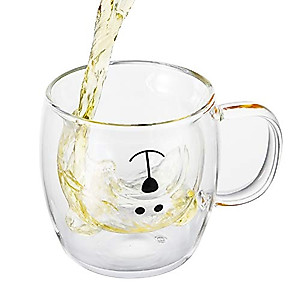 Yopay 2 Pack Glass Bear Coffee Mugs, 8.5 oz Double Wall Insulated Cute Kids Coffee Milk Beer Cups for Latte, Cappuccino, Americano, Tea, Beverage, Valentine's Day Birthday