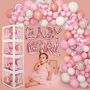 Amandir 143pcs Baby Boxes Pink Baby Shower Decorations for Girl, Rose Gold Pink Balloons Garland Kit Baby Boxes with Letters (A-Z+Baby+Girl) for Baby Shower Girl Birthday Gender Reveal Party Supplies