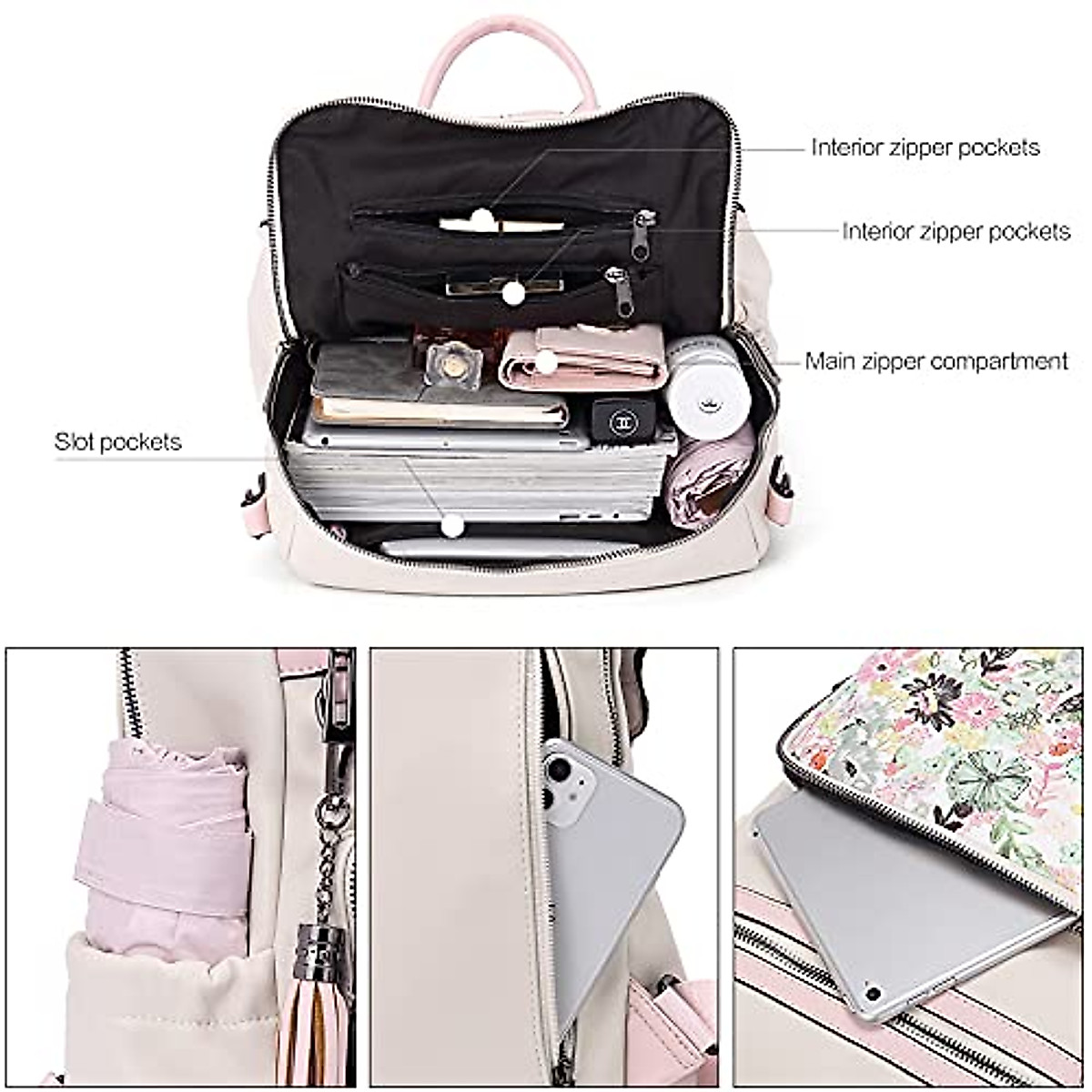 CLUCI Backpack Purse for Women Fashion Leather Designer Travel Large Ladies convertible Shoulder Bags with Tassel White print