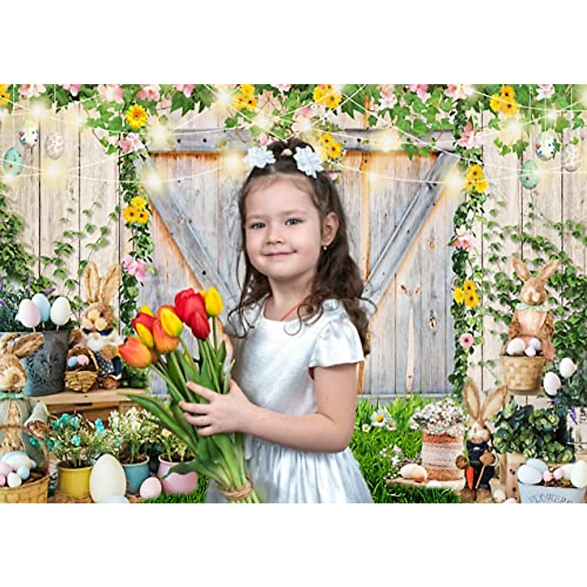 8x6ft Easter Spring Backdrop, Rustic Wooden Door Wall Bunny Rabbit Eggs Flower Greenery Photography Background Baby Shower Kids Birthday Party Decor Portrait Banner Photo Booth Studio Props