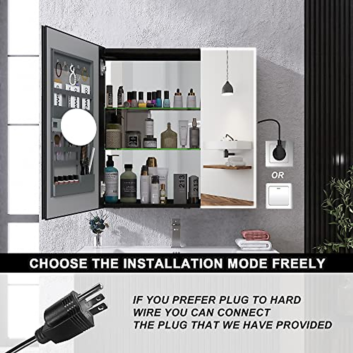 VESLINY Medicine Cabinets 30x32 LED Lighted Medicine Cabinet with Mirror for Bathroom Double Doors with Flip-Out Magnifying Mirror Door Storage Defogger Dimmable Lighting Black Surface Wall Mount