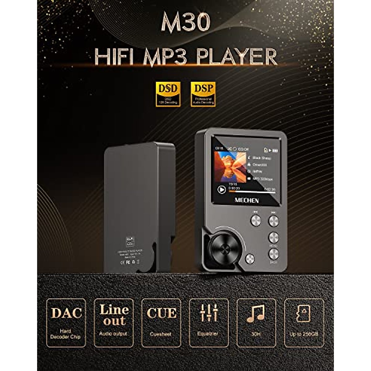 MP3 Player, MECHEN Lossless DSD High Resolution Portable Digital Audio Music Player with 64GB Memory Card, HiFi Lossless Audio Player，Support up to 256GB