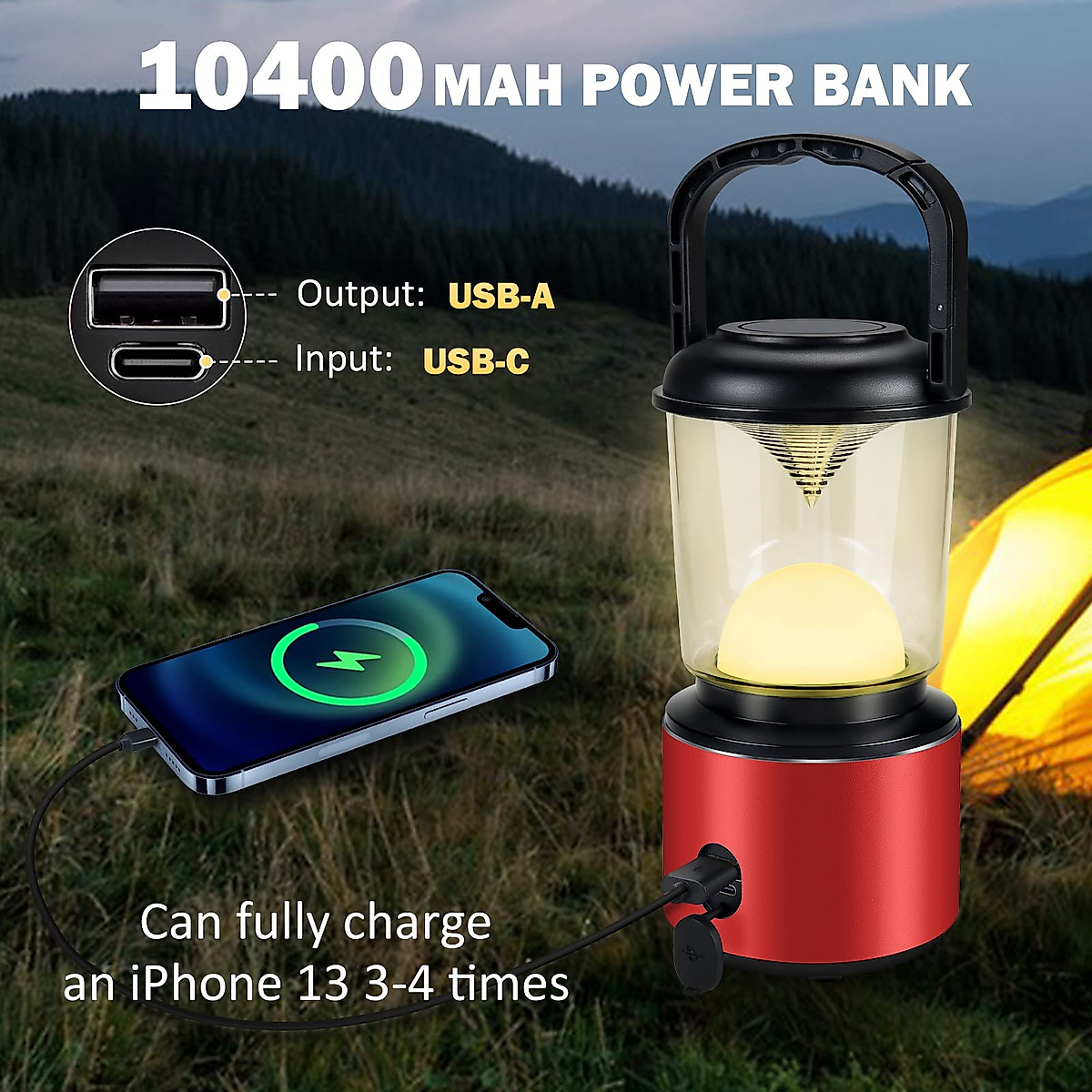 Yonktoo LED Rechargeable Camping Lantern, 10400 mAh Rechargeable Aluminum Camping Light & Flashlight , 5 Light Modes, IPX5 Waterproof, Hurricane Emergency light, Hiking, Home, USB Cable Included (Red)