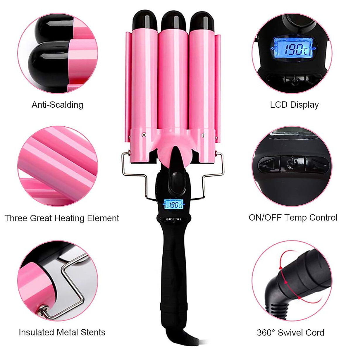 3 Barrel Curling Iron Wand Hair Crimper with Dual Voltage, 1 Inch Hair Waver Iron with LCD Temp Display, Ceramic Tourmaline Crimper Hair Iron, Hair Curler Temperature Adjustable