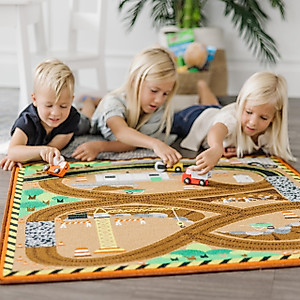 Melissa & Doug Round the Construction Zone Work Site Activity Play Rug With 3 Wooden Trucks (39" x 36")