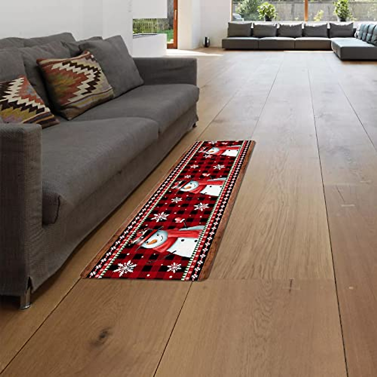 Kitchen Mat Rug Set of 2 Christmas Snowman Snowflake on Red and Black Buffalo Check Runner Rug Anti-Fatigue Comfort Memory Foam Standing Mat Non-Slip Floor Door Mat for Bedroom 18x30in+18x60in