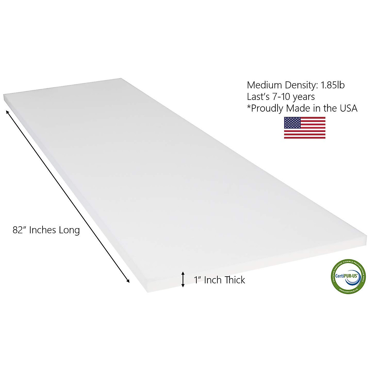 ComfortStyle Replacement Seat Cushion Upholstery Foam Pad for Sofa or Dining Chair, 1" x 24" x 82" CertiPUR-US Certified, Extra Long