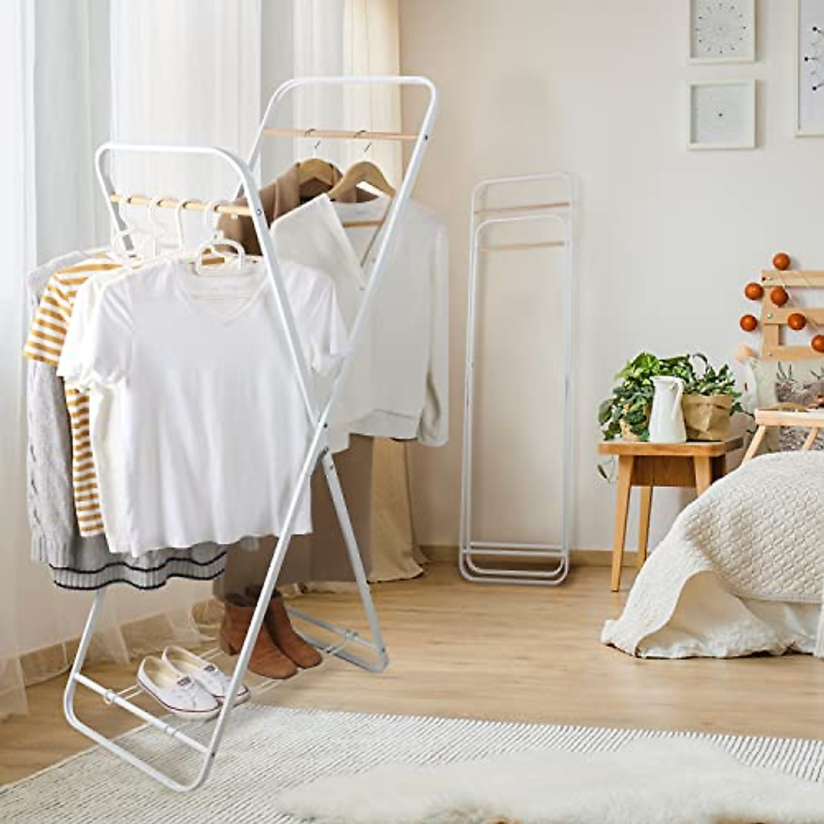 ZOES HOMEWARE Modern Foldable Garment Rack Heavy Duty Collapsible Clothing Rack for Hanging Clothes,Portable Steel Standing Clothes Rack with Shelves for Clothes,Space Saving-White