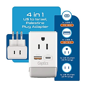 Ceptics Israel Travel Adapter 2 Pack Set, QC 3.0 & PD, Safe Dual USB & USB-C - 2 USA Socket Compact & Powerful - Use in Palestine, Gaza Strip - Type H - AP-14 - Fast Charging (AP-14-2PK)