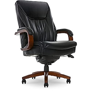La-Z-Boy Edmonton Big and Tall Executive Office Chair with Comfort Core Cushions, Solid Wood Arms and Base, Waterfall Seat Edge, Bonded Leather, Big & Tall, Black