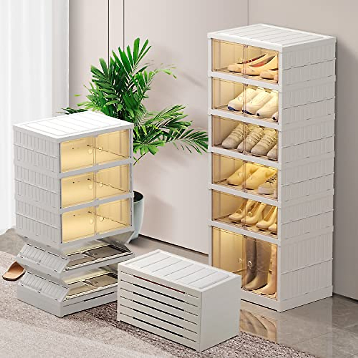 CIMLORD 6-Tier Foldable Shoe Rack Organizer for Closet 6-12Pairs Plastic Collapsible Shoes Storage Box Clear Shoe Boxes Stackable with Door Easy Assembly Shoe Cabinet Bins with Lids Large