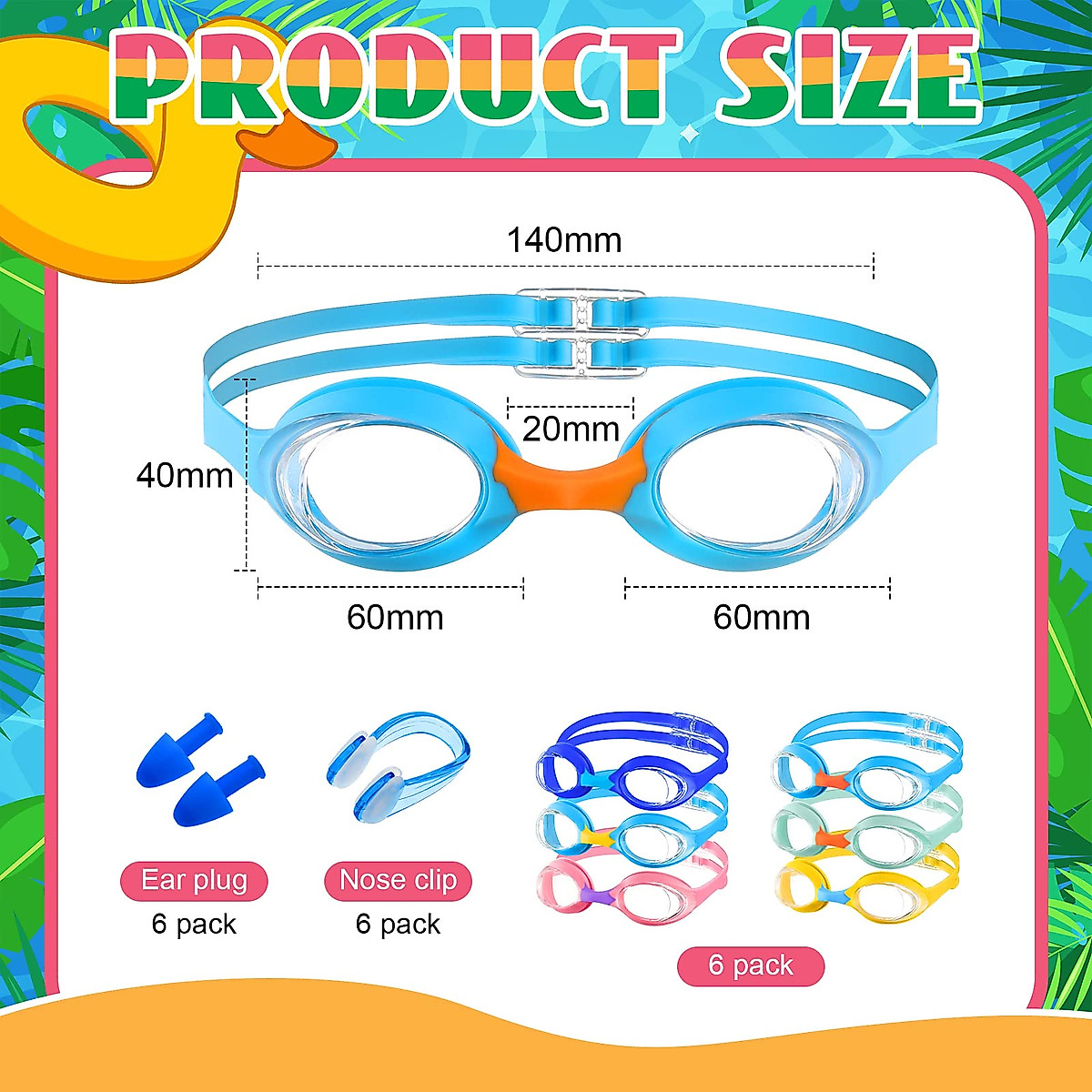 Macarrie 6 Pcs Kids Swim Goggles No Leaking Anti Fog Swimming Goggles for Kids Boys Girls with Nose Clip Earplugs, Age 3-14 (Cute Colors)