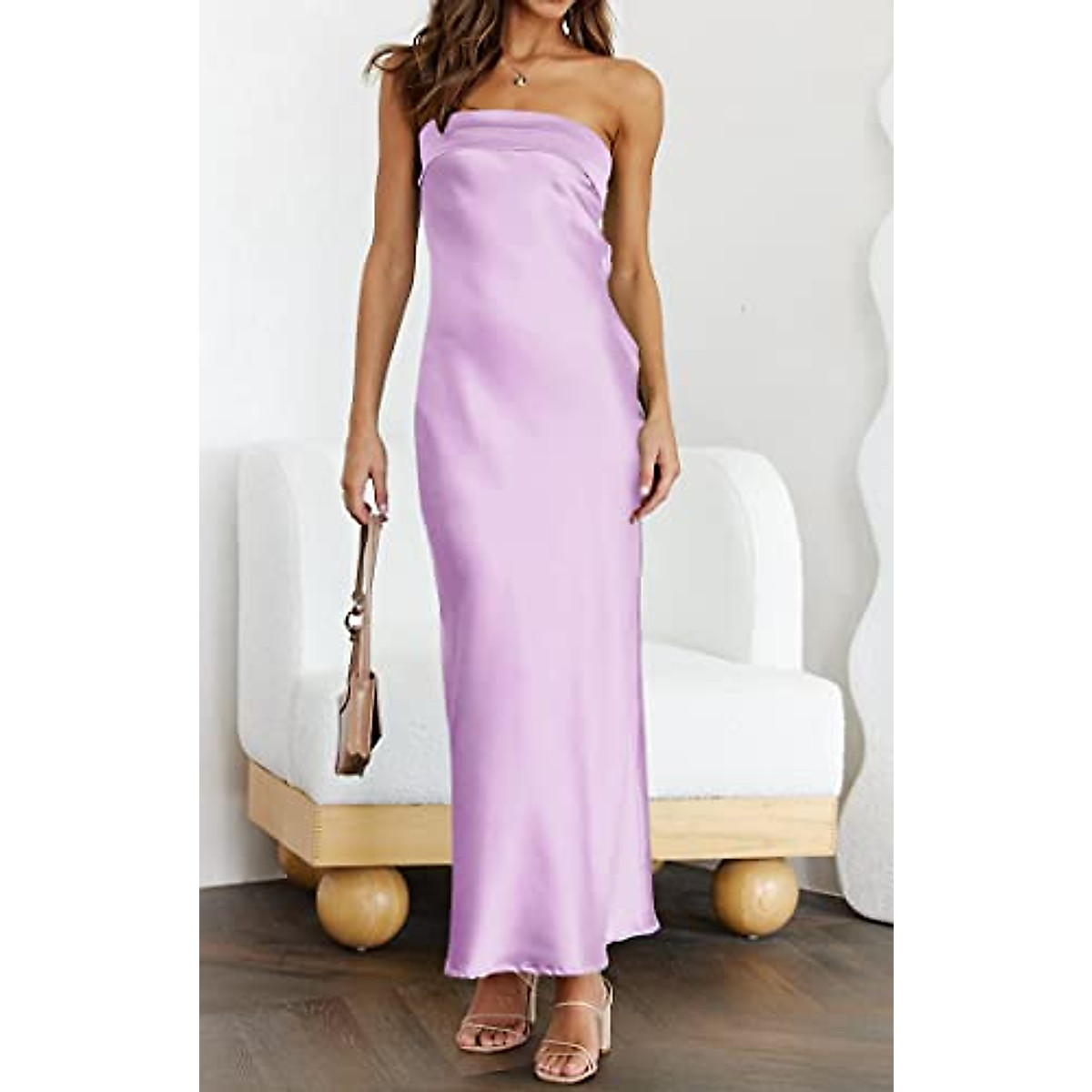 ZESICA Women's 2023 Summer Satin Strapless Dress Sexy Backless Bodycon Wedding Cocktail Party Maxi Dresses,Purple,X-Large