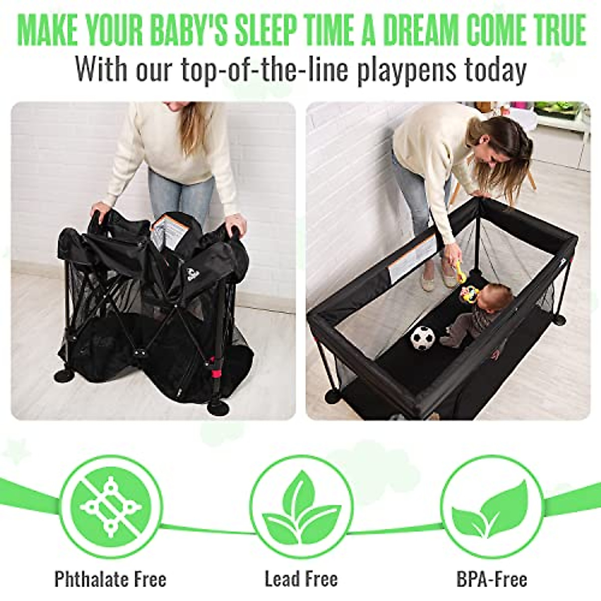 Sleepah Foldable Travel Crib – Lightweight Portable Play Pen + Backpack, Play-Yard with Waterproof Mattress – Easy to Pack Fits in a Suitcase, Sets up in 30 Seconds Safe for Infants & Toddlers (Black)