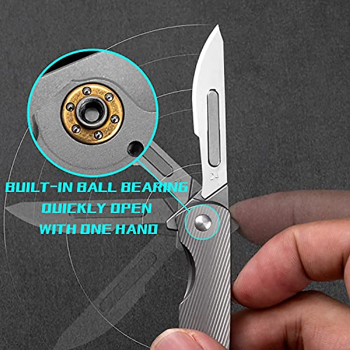 OLITANS T077 Folding Scalpel Mini Pocket knife with 10pcs #24 Replaceable Blade, CNC Machined Tc4 Handles Frame Lock Pocket Clip, 1.02oz