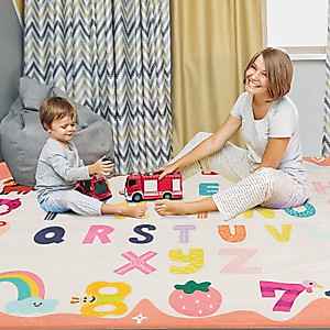 LTKOUGFAM ABC Kids Play Rug, Large Soft Educational Learning Space Mat, Non-Slip Cute Baby Floor Toddler Numbers Mat Area Rug for Kids Living Room Playroom Classroom Decor (Orange, 59" x 78" L)