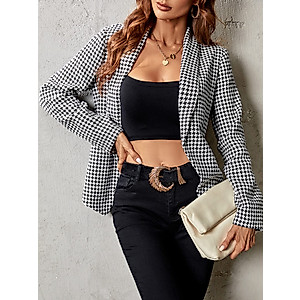 WDIRARA Women's Plus Size Houndstooth Print Long Puff Sleeve Open Front Jacket Blazer Multicoloured L