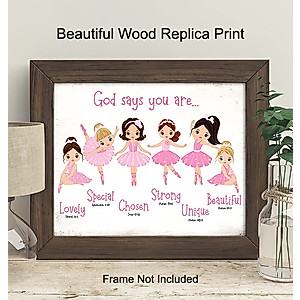 Ballet Nursery Bedroom Wall Art - God Says You Are Bible Verses - Religious Room Decor - Little Girls Toddler Baby Room decoration - Pink Ballerina Daughter Gift - Christianity Religion Poster 8x10