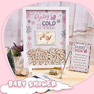 Taiyin 65 Pcs Baby Shower Guest Book Alternative Baby It's Cold Outside Snowflake Baby Shower Favors Picture Frame Baby Shower Decors for Baby Shower Birthday Christmas(Pink Theme Style)